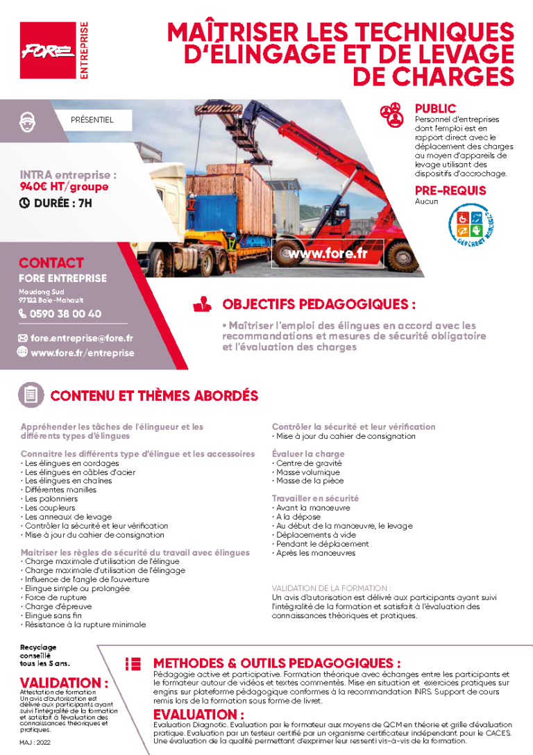 MAITRISER LES TECHNIQUES D’ELINGAGE ET DE LEVAGE DE CHARGES – Fore ...